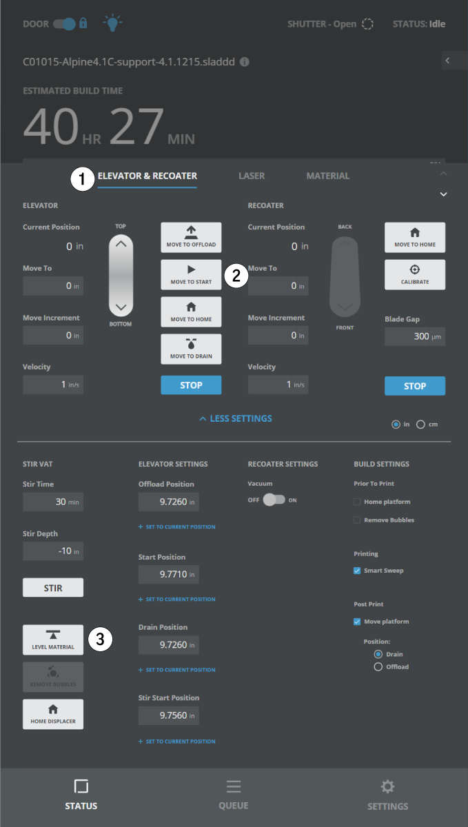 SLA 750 Setting the print platform start position